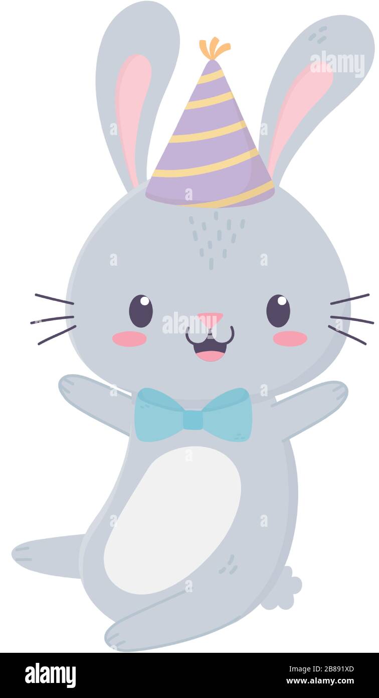 happy birthday cute rabbit party hat bow tie animal cartoon vector ...