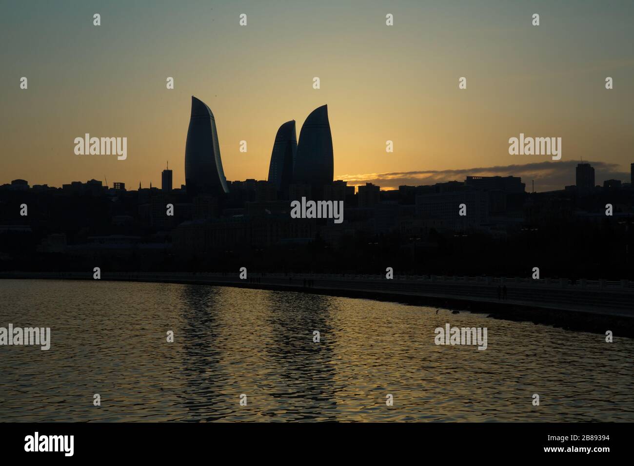 Night view of Baku and the seaside of the Caspian sea. Sunset in Baku ...