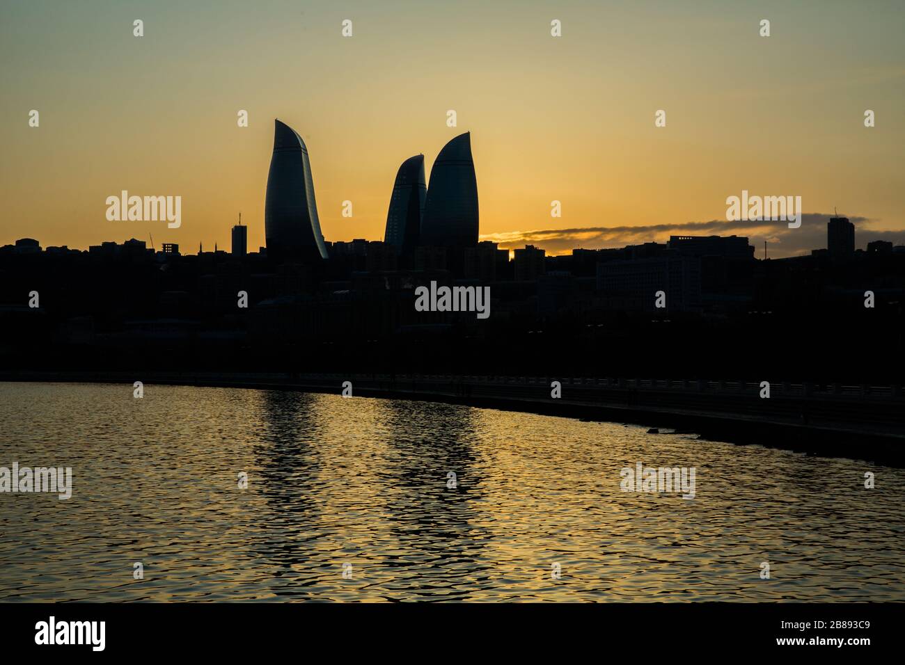 Night view of Baku and the seaside of the Caspian sea. Sunset in Baku ...