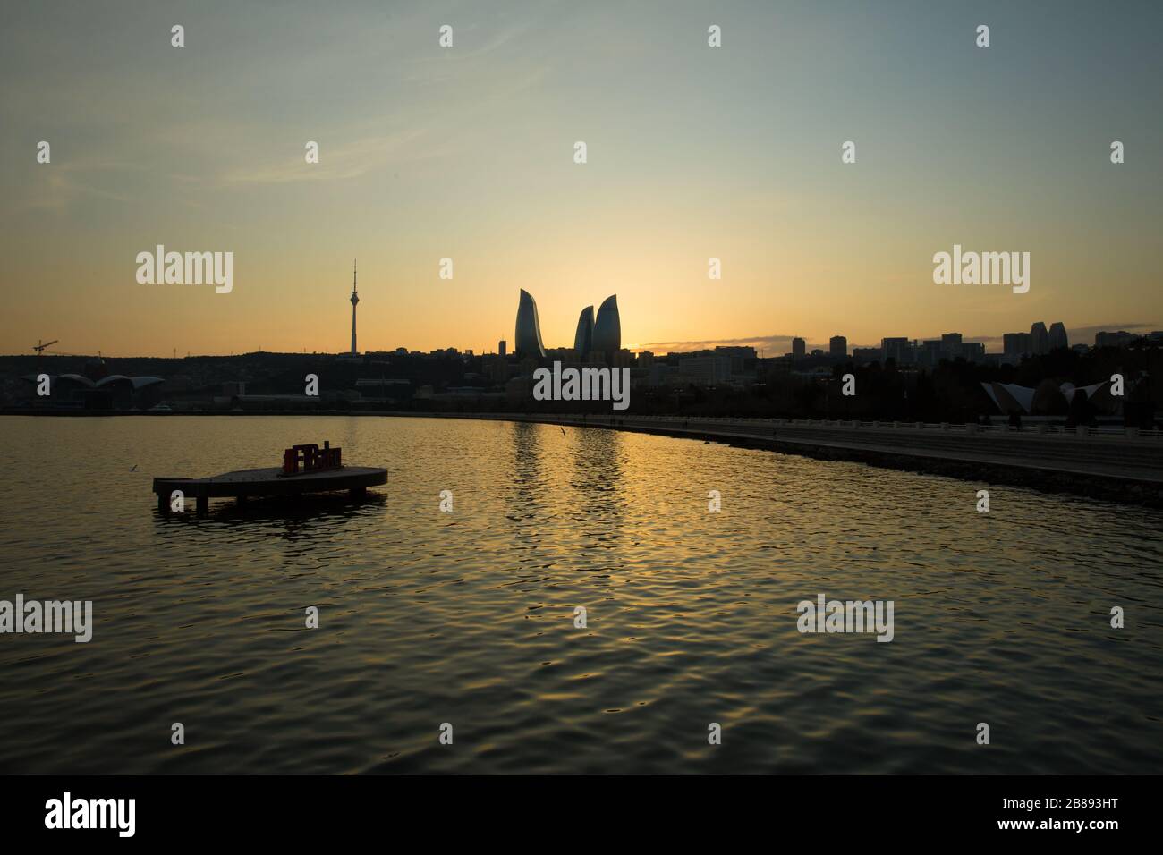 Night view of Baku and the seaside of the Caspian sea. Sunset in Baku ...