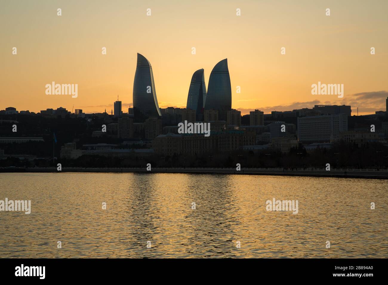 Night view of Baku and the seaside of the Caspian sea. Sunset in Baku ...