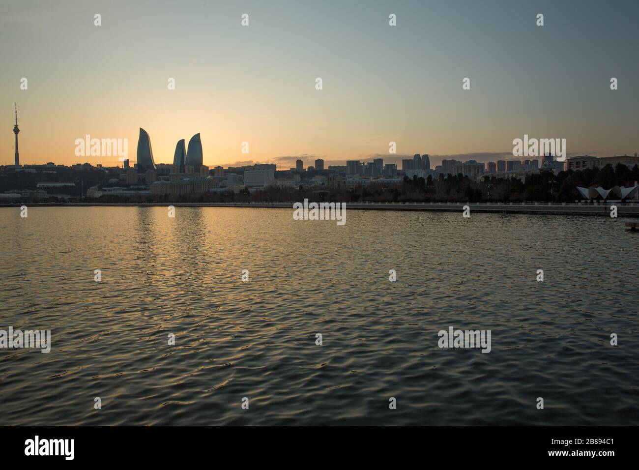 Night view of Baku and the seaside of the Caspian sea. Sunset in Baku ...
