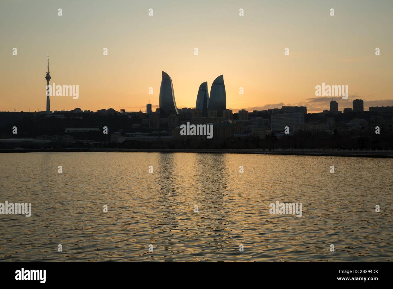 Night view of Baku and the seaside of the Caspian sea. Sunset in Baku ...