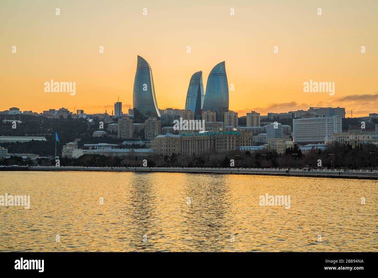 Night view of Baku and the seaside of the Caspian sea. Sunset in Baku ...