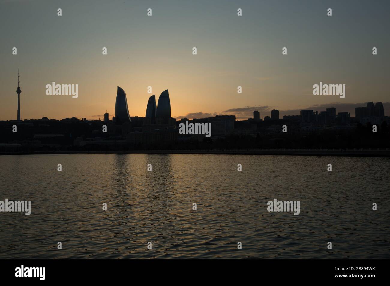 Night view of Baku and the seaside of the Caspian sea. Sunset in Baku ...