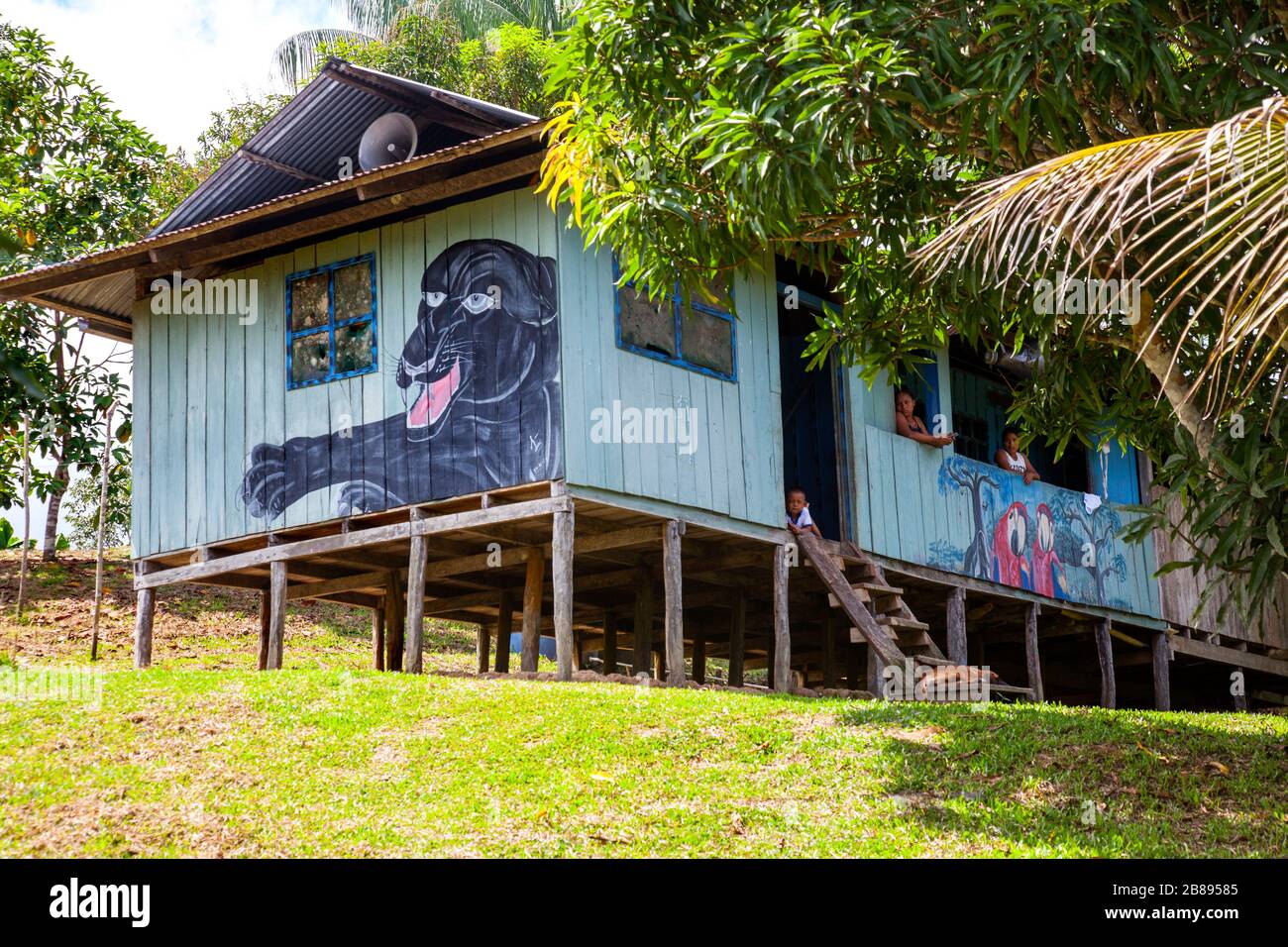 Exotic paintings on Indian houses of the Ticuna tribe community ...
