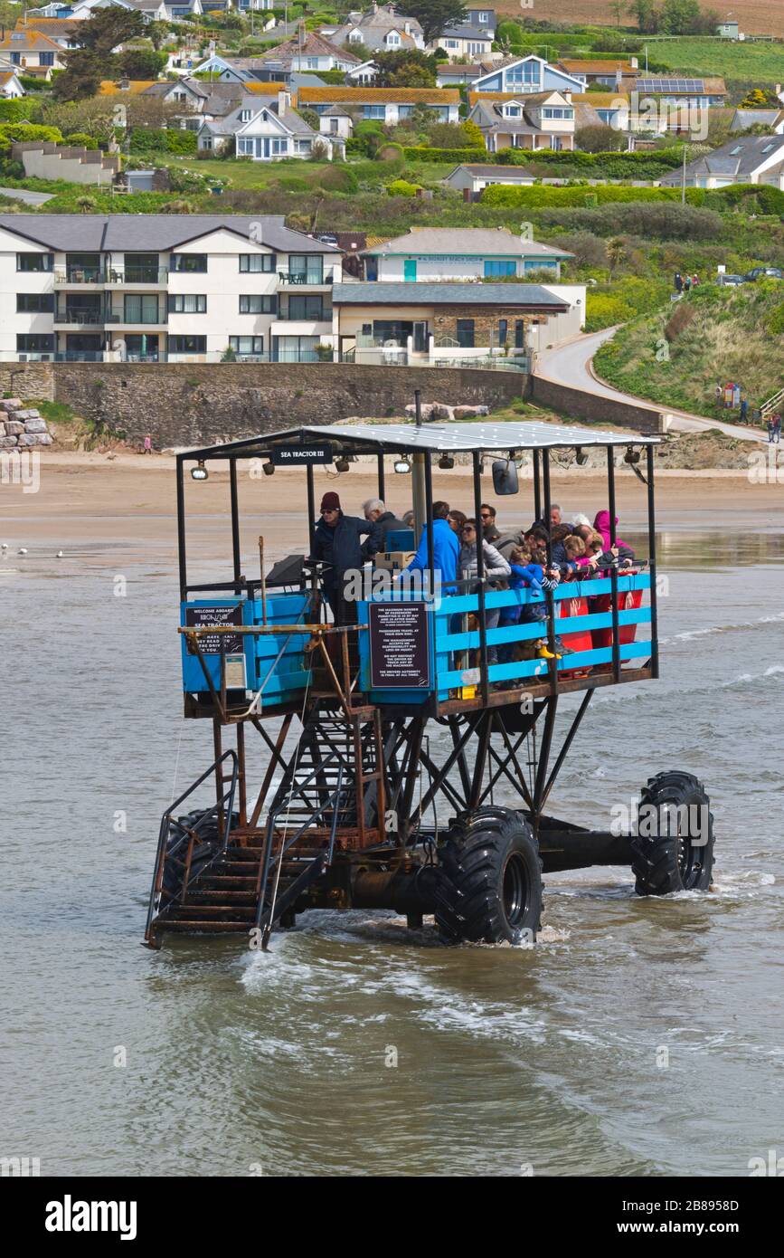 the Burgh Island Sea Tractor arriving at Burgh Island from Bigbury on ...