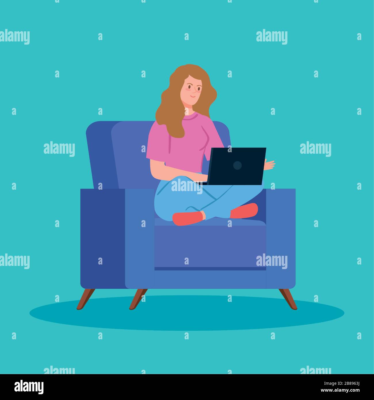 woman working in telecommuting with laptop in couch Stock Vector Image ...