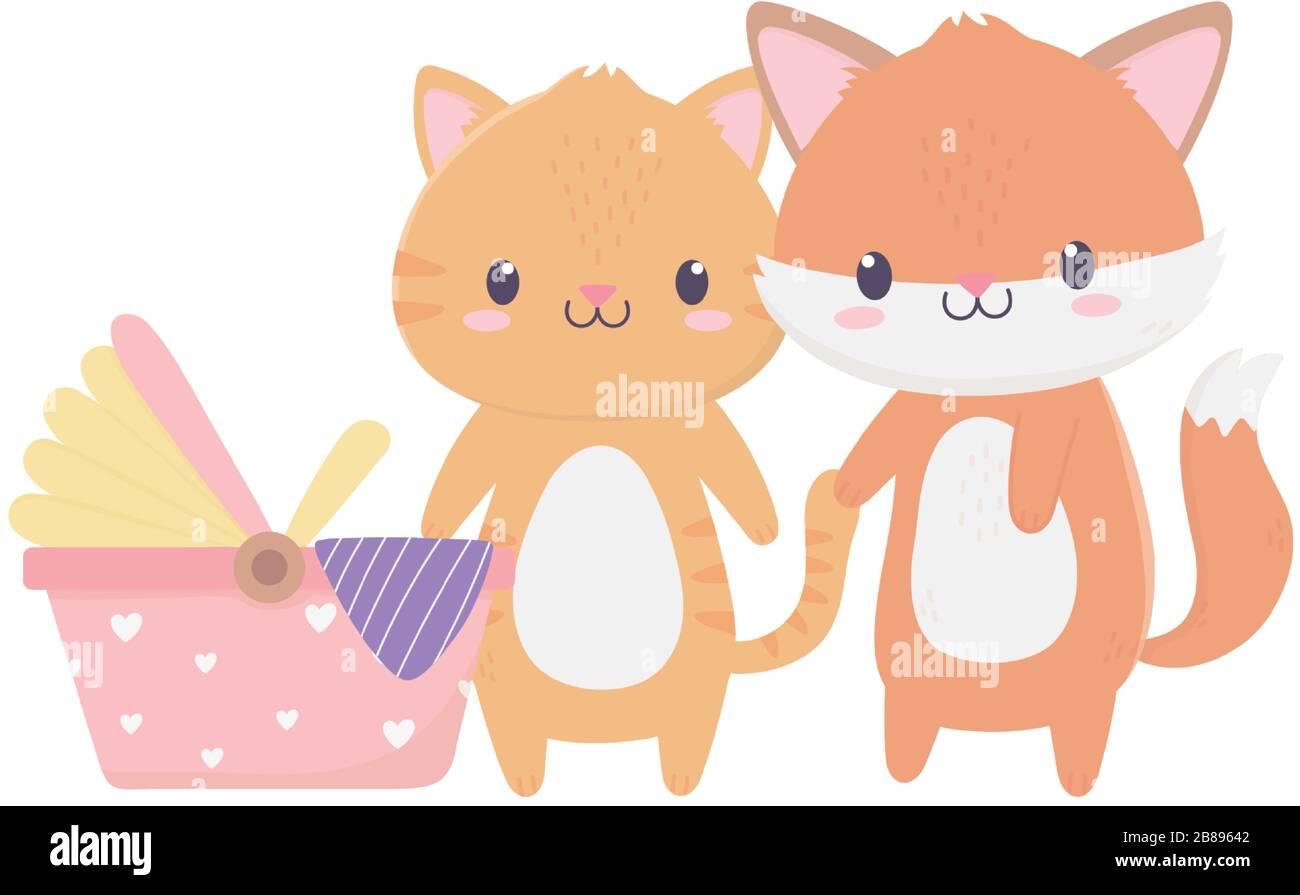 baby shower fox tiger and pram cartoon decoration vector illustration ...