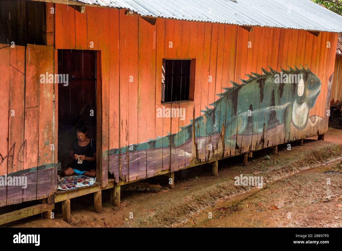 Exotic paintings on Indian houses of the Ticuna tribe community ...