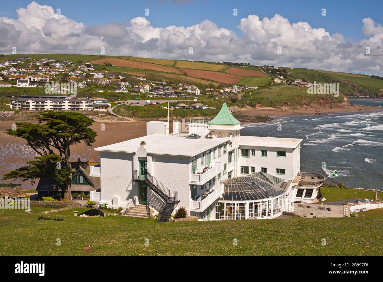 the iconic 1930's Art Deco Burgh Island Hotel as seen from the hotel ...
