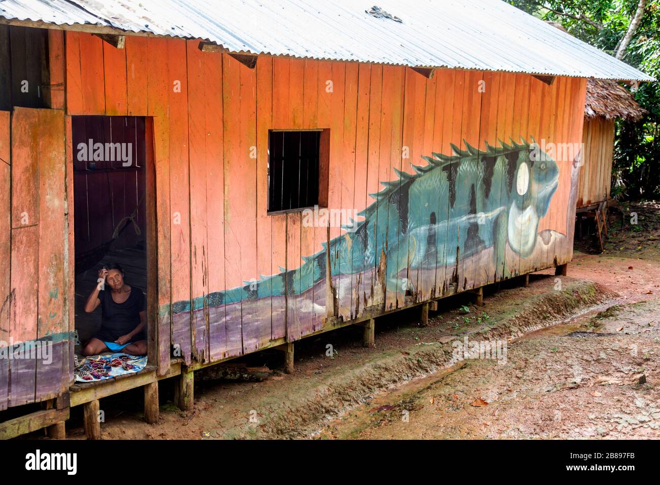 Exotic paintings on Indian houses of the Ticuna tribe community ...