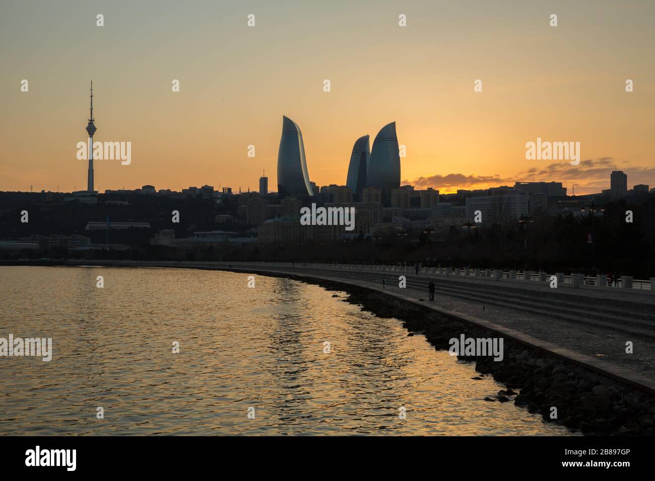Night view of Baku and the seaside of the Caspian sea. Sunset in Baku ...