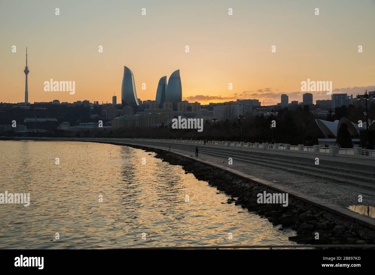 Night view of Baku and the seaside of the Caspian sea. Sunset in Baku ...