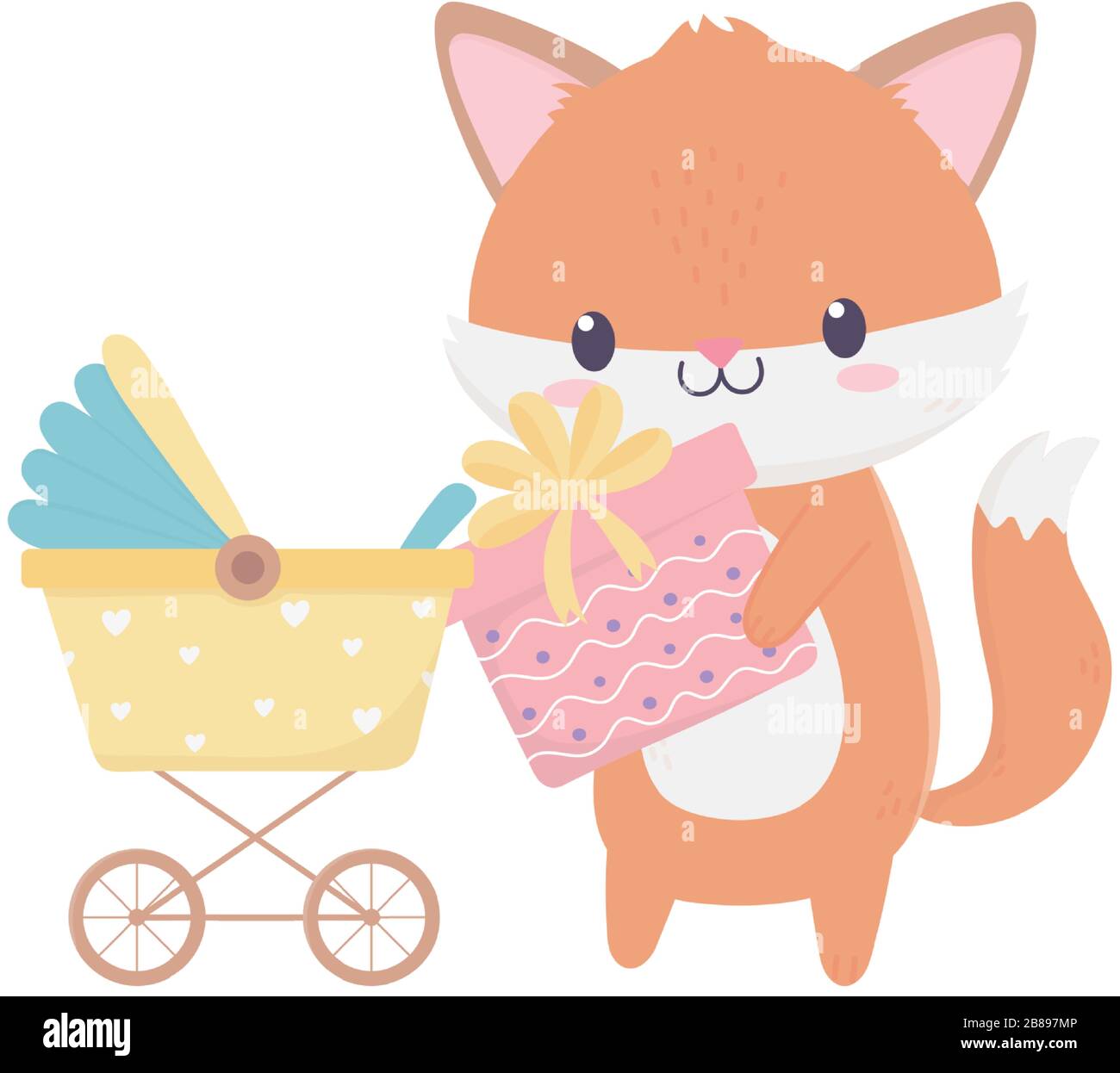 baby shower fox with gift and pram cartoon decoration vector ...