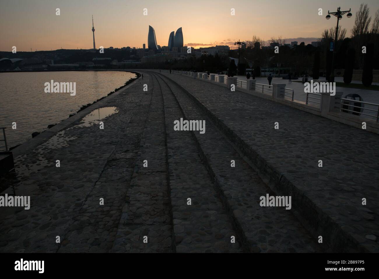 Night view of Baku and the seaside of the Caspian sea. Sunset in Baku ...