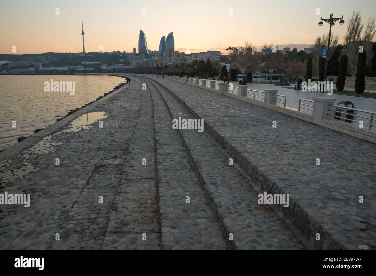 Night view of Baku and the seaside of the Caspian sea. Sunset in Baku ...