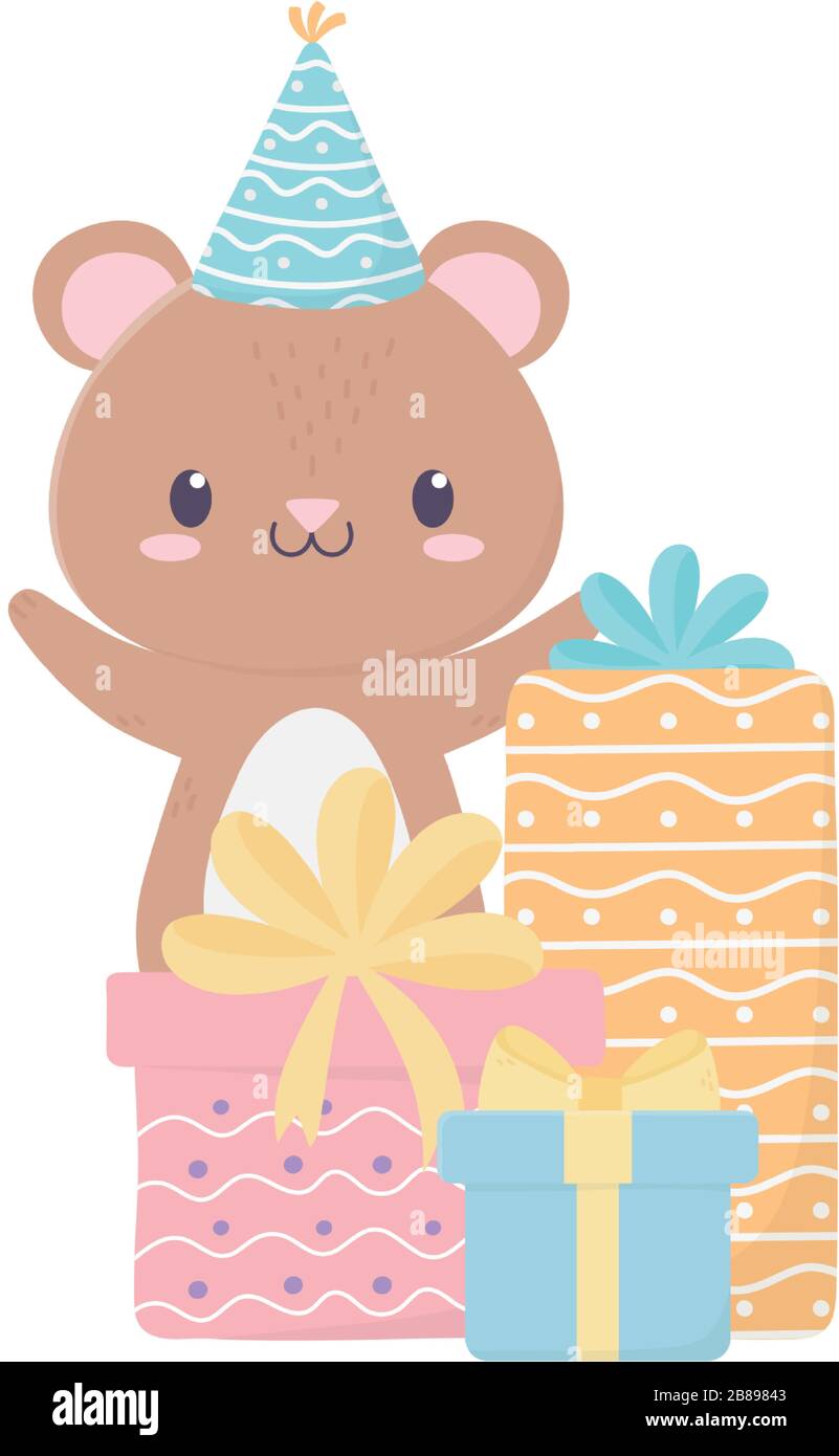 happy birthday little bear party hat and gift boxes celebration ...