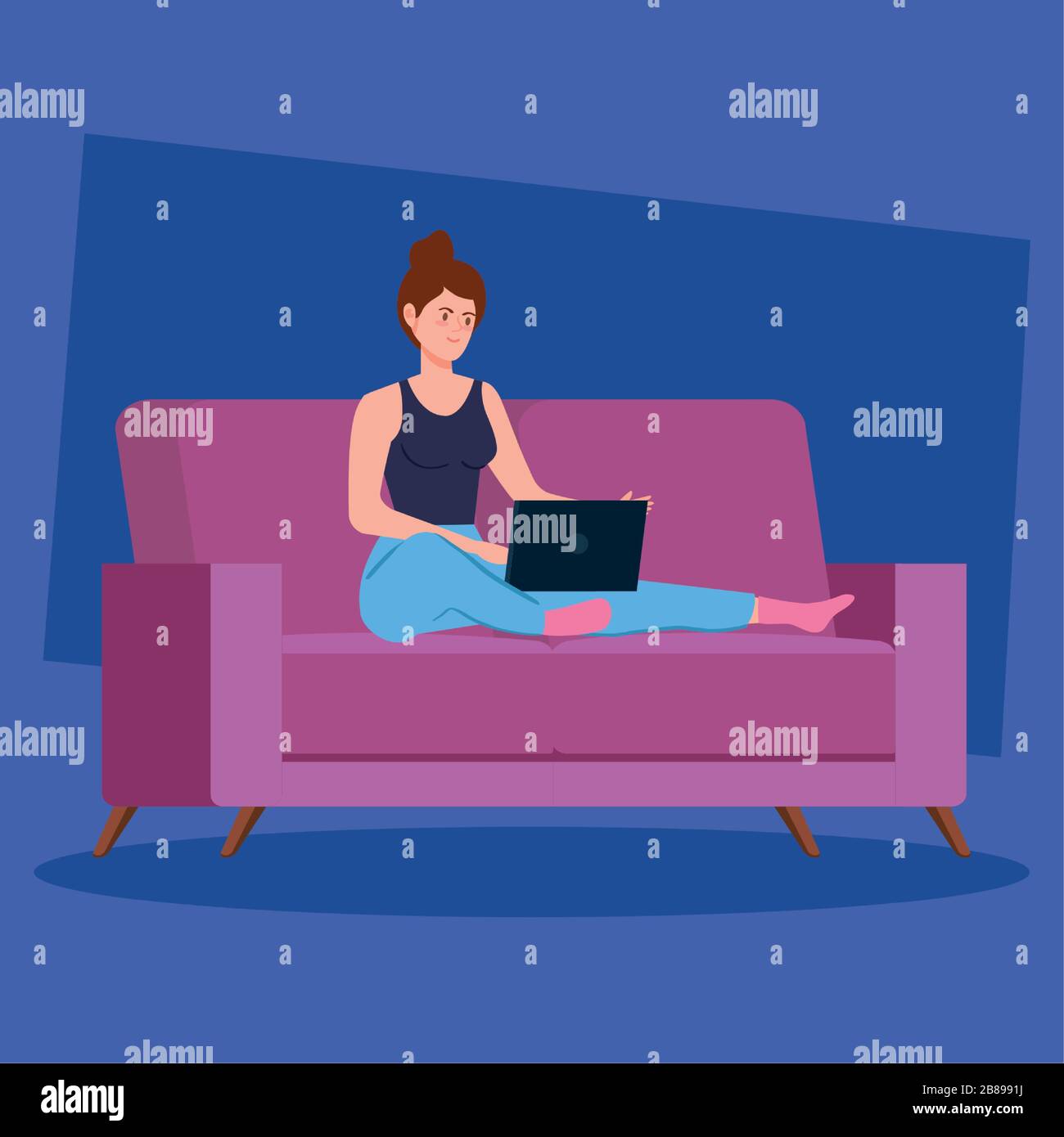 woman working in telecommuting with laptop in couch Stock Vector Image ...
