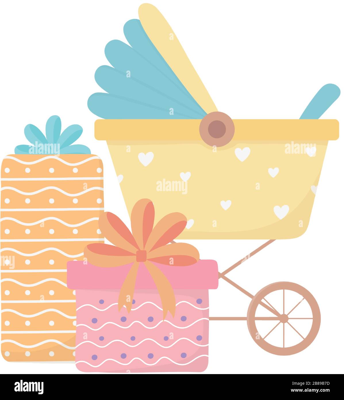 baby shower pram with gift boxes cartoon decoration vector illustration ...