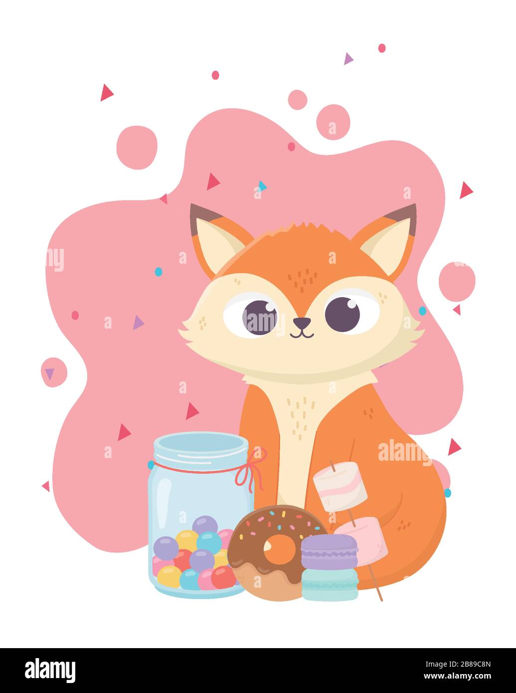 happy day, cute fox with candies donut and biscuits vector illustration ...