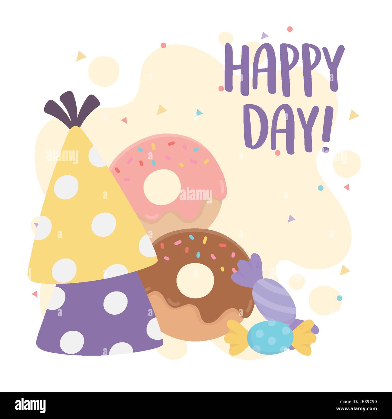 happy day, party hats donuts and candies cartoon vector illustration ...