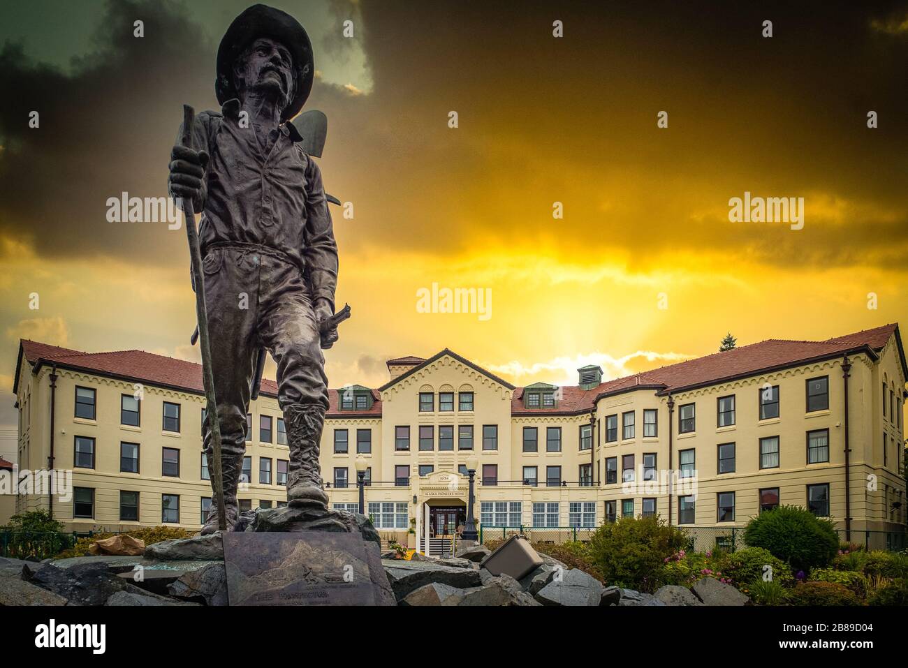 Statue of Alaskan pioneer gold miner.Pioneer hospital, Sitka, Alaska ...