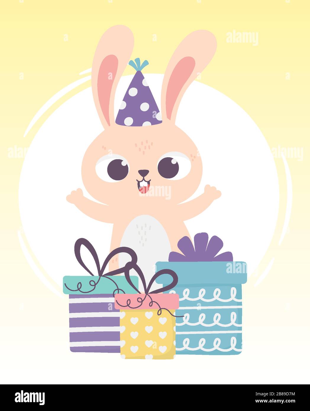 happy day, rabbit with party hat and gift boxes surprise vector ...