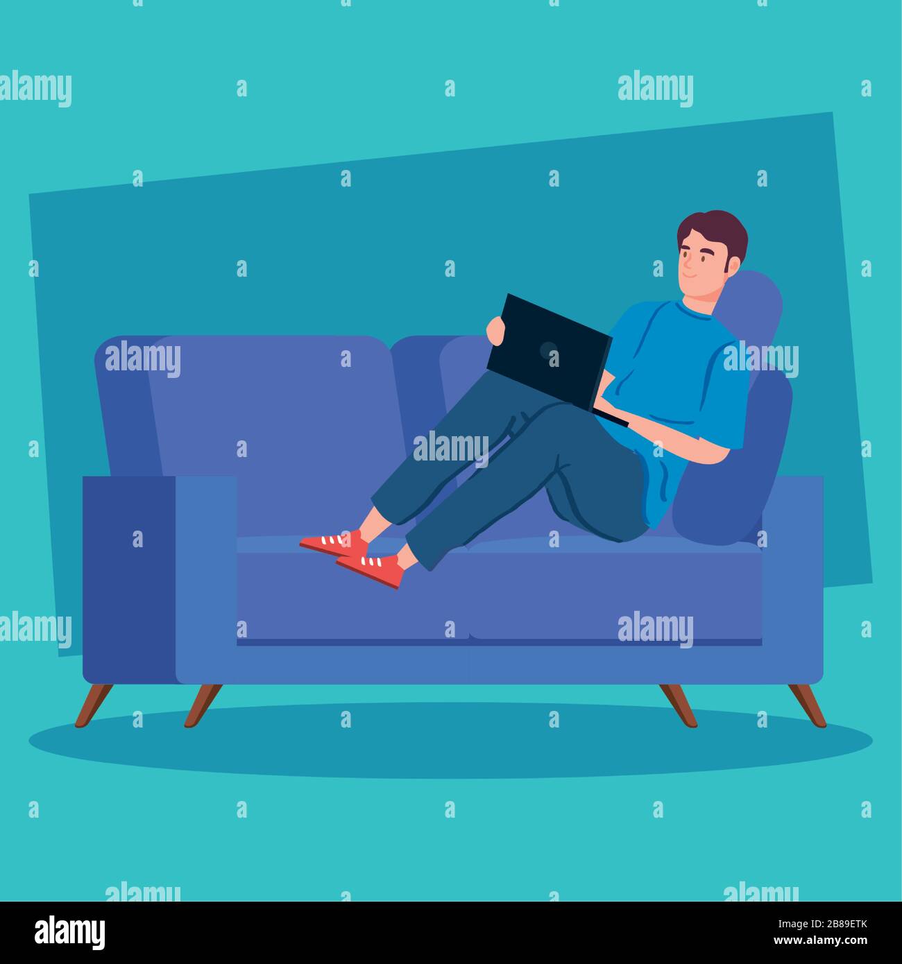 man working in telecommuting with laptop in couch Stock Vector Image ...