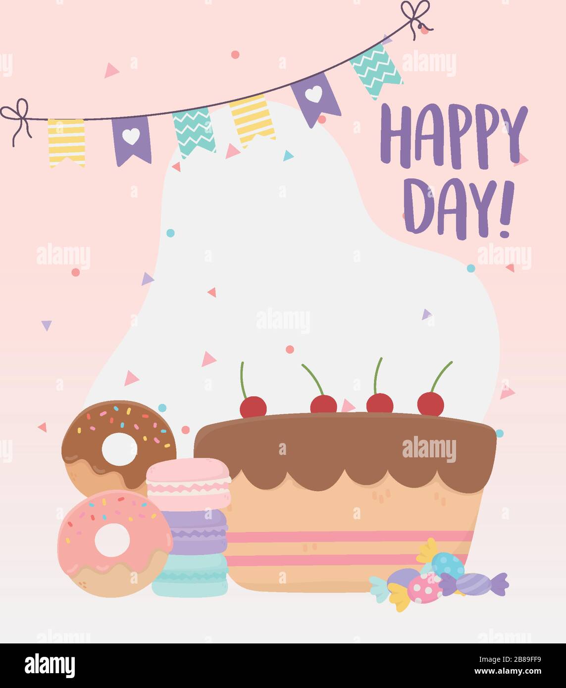 happy day, sweet cake donuts macaroons and candies vector illustration ...