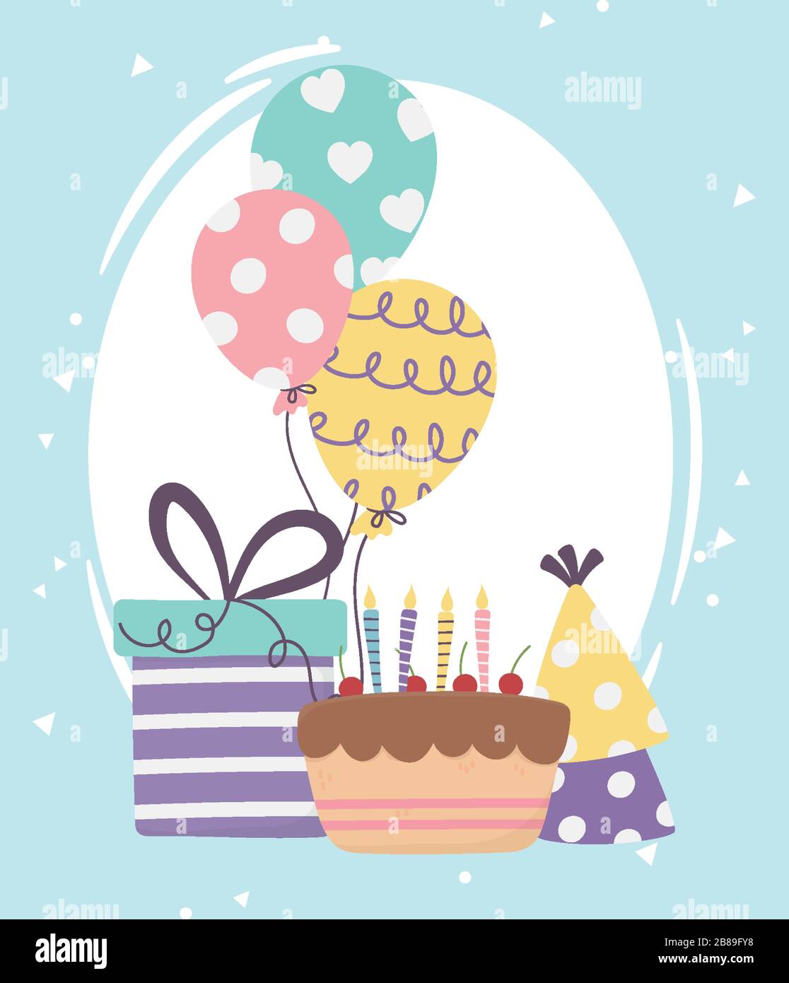 happy day, cake with gift box balloons and party hat vector ...