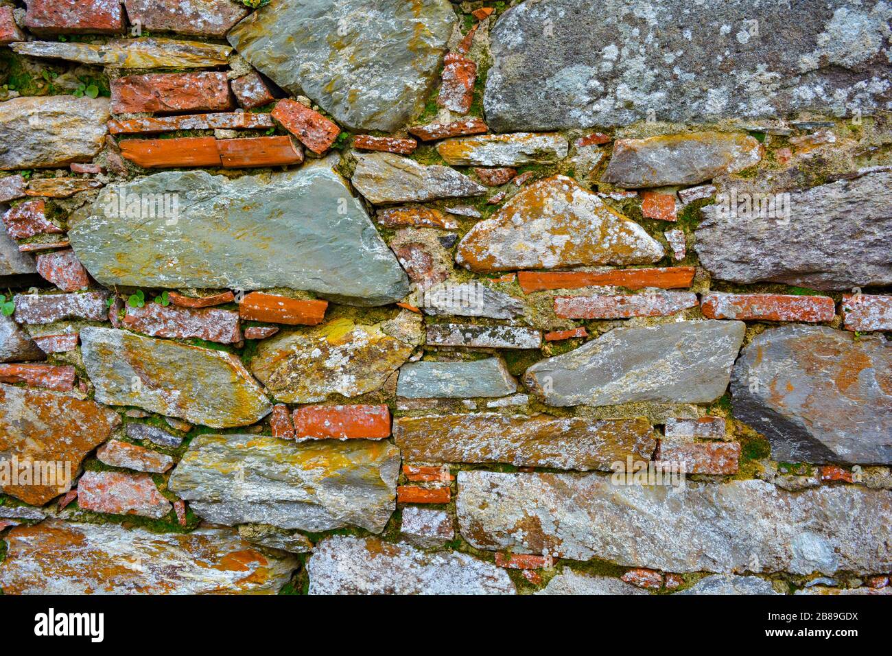 Closeup of an old, ancient wall made of river stones and bricks ...