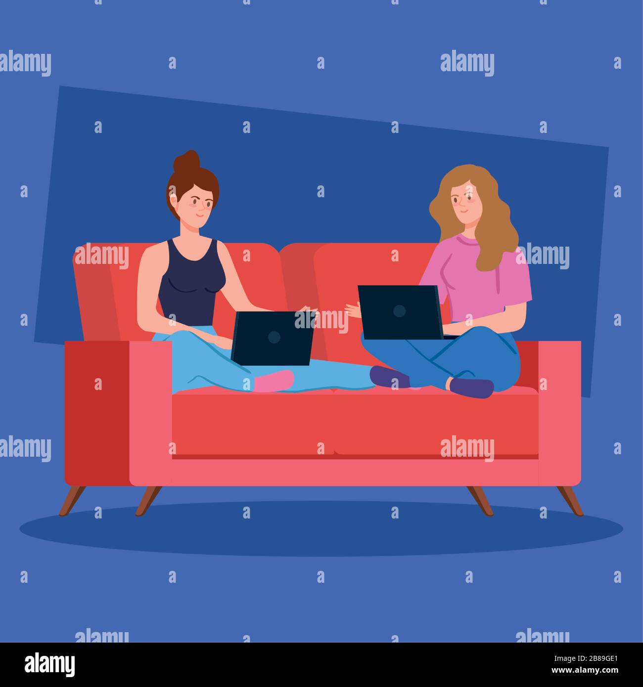 women working in telecommuting with laptop in couch Stock Vector Image ...
