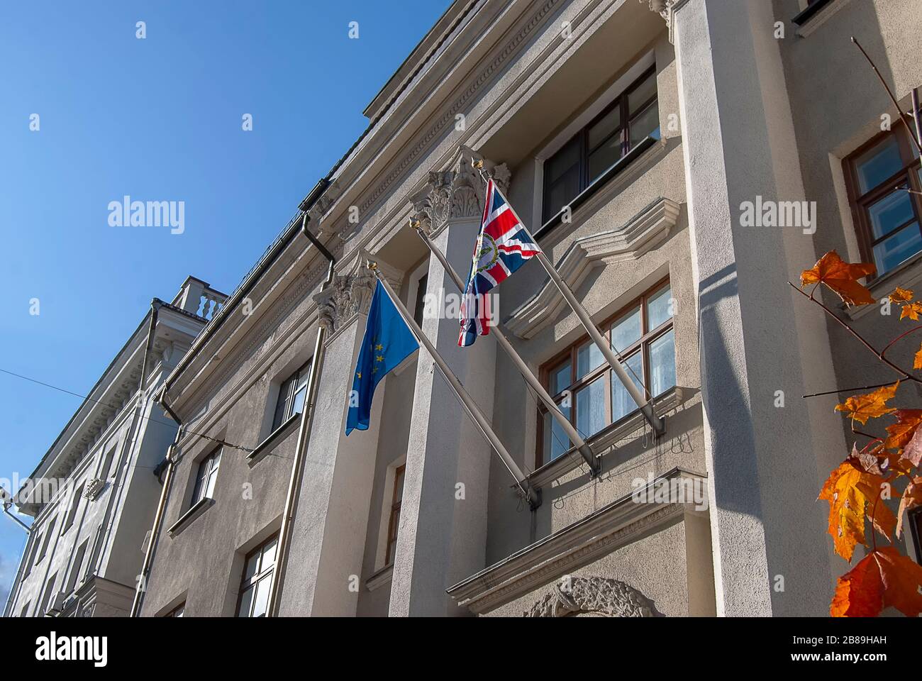 Flags flying outside the British Embassy in Minsk, Belarus Stock Photo ...