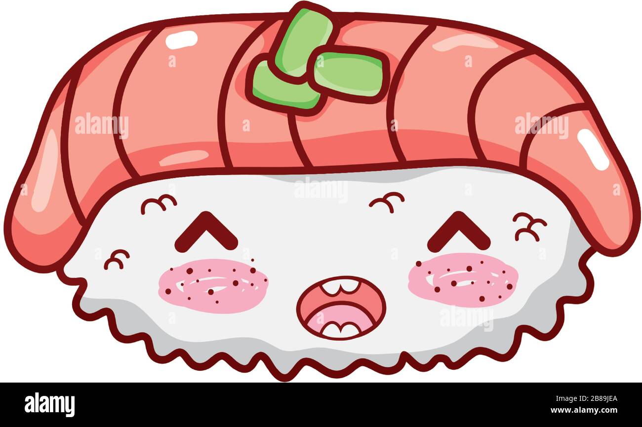 kawaii rice salmon and wasabi cartoon, sushi and rolls vector ...