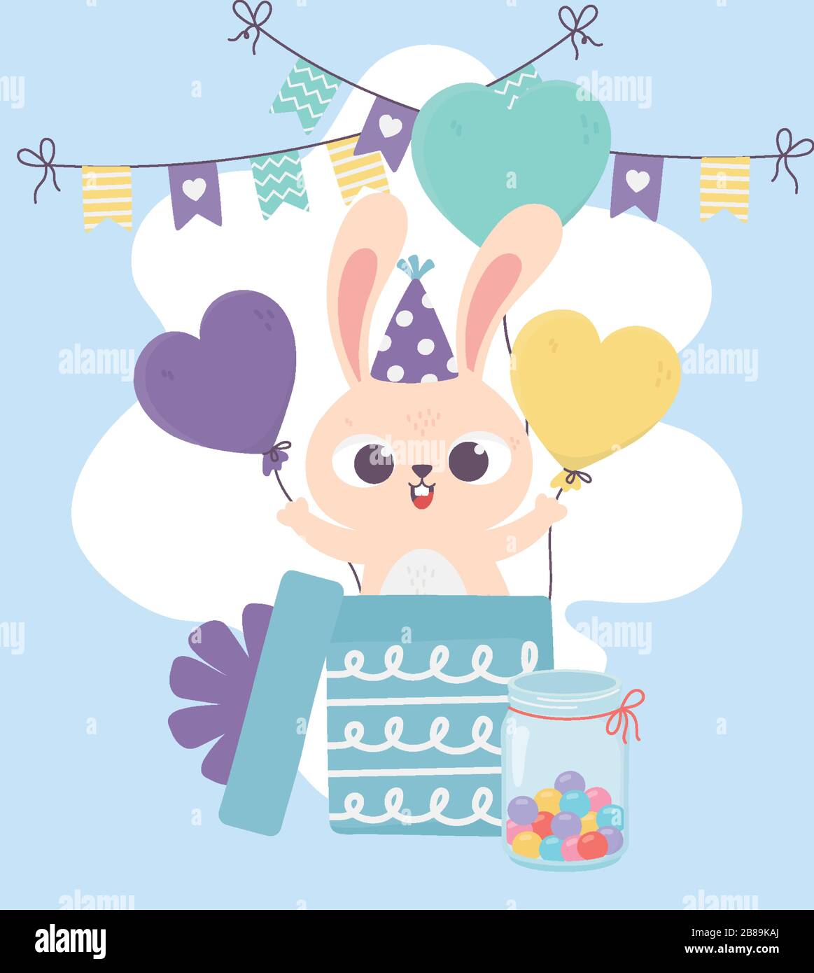 happy day, rabbit with hat coming out gift box with balloons vector ...