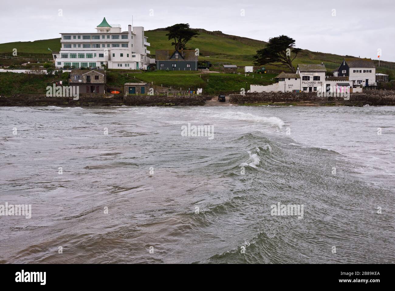 View from Bigbury on sea across the tidal causeway to Burgh Island and ...