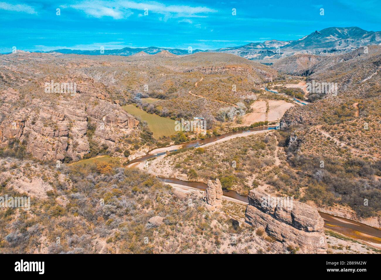 Aerial view of the Rio Sonora, landscape of mountains, canyons and ...