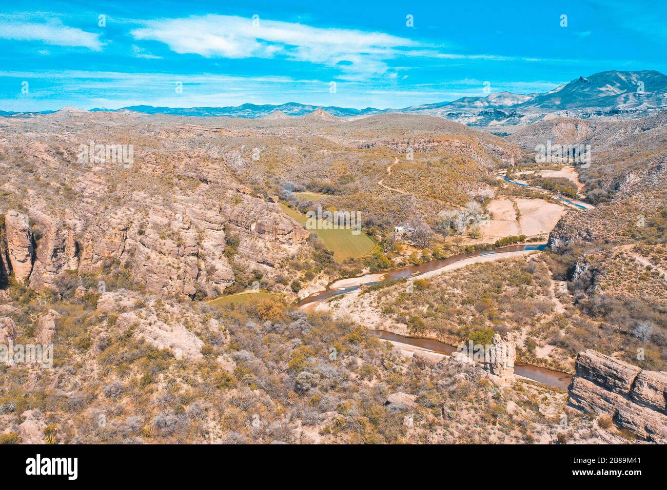 Aerial view of the Rio Sonora, landscape of mountains, canyons and ...
