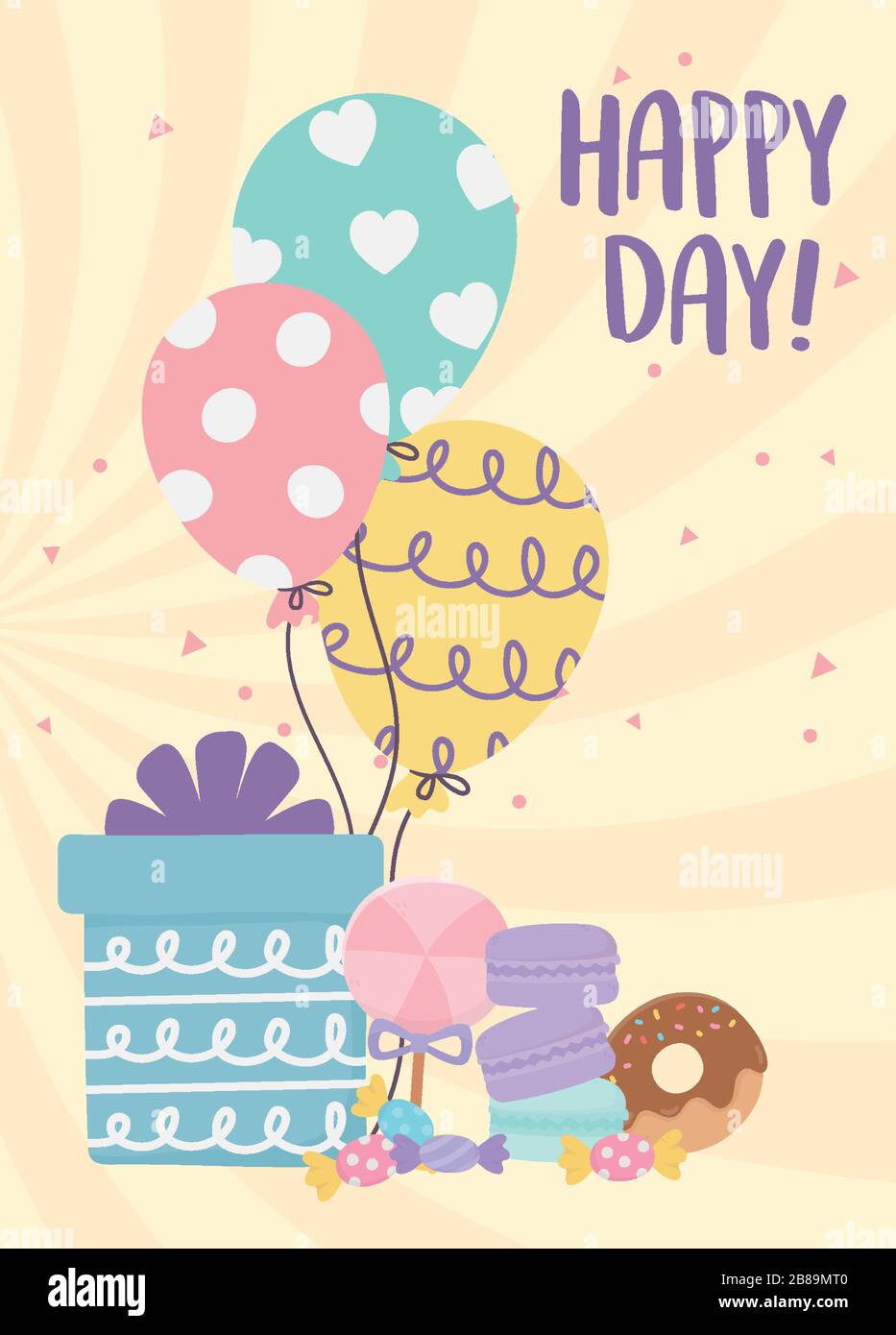 happy day, gift balloons donut caramel biscuits cartoon vector ...