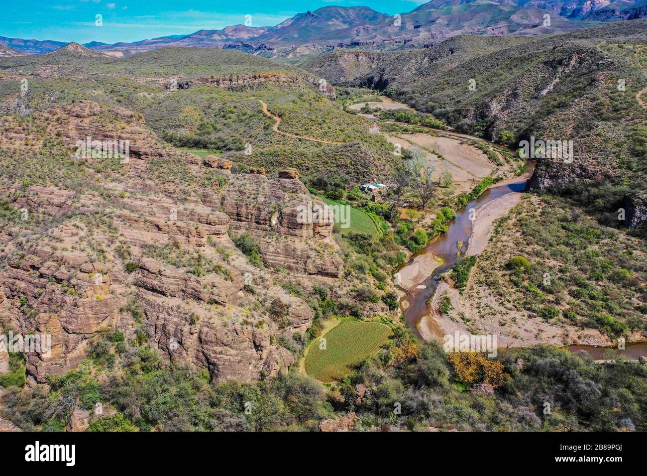 Aerial view of the Rio Sonora, landscape of mountains, canyons and ...
