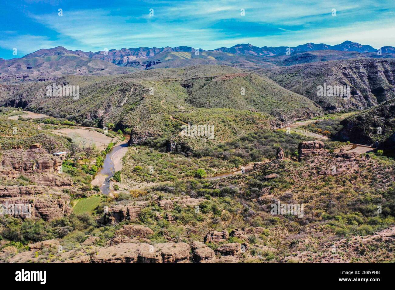 Aerial view of the Rio Sonora, landscape of mountains, canyons and ...
