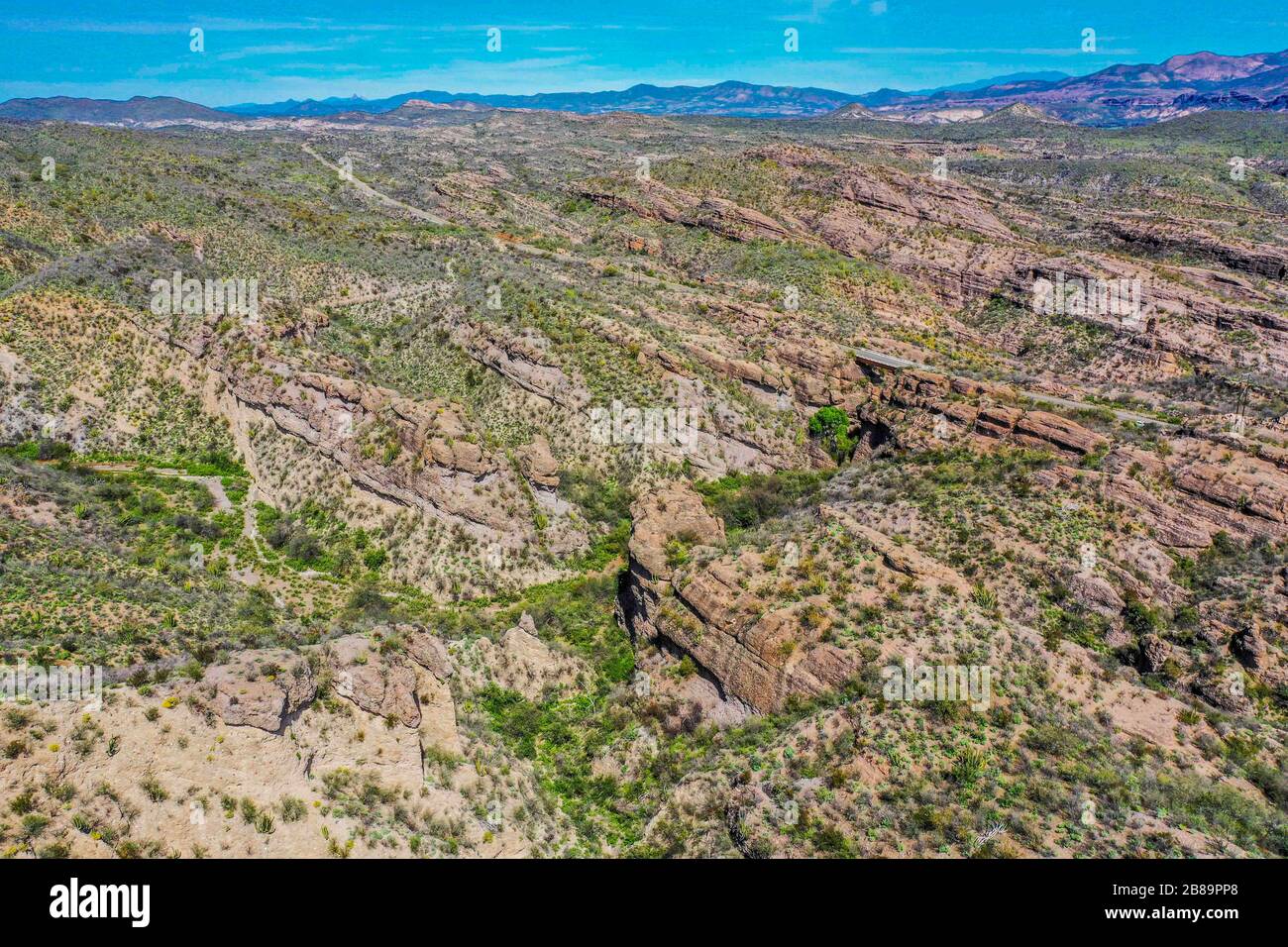 Aerial view of landscape, Sierra de Arizpe, Sonora, Mexico. March 2020 ...