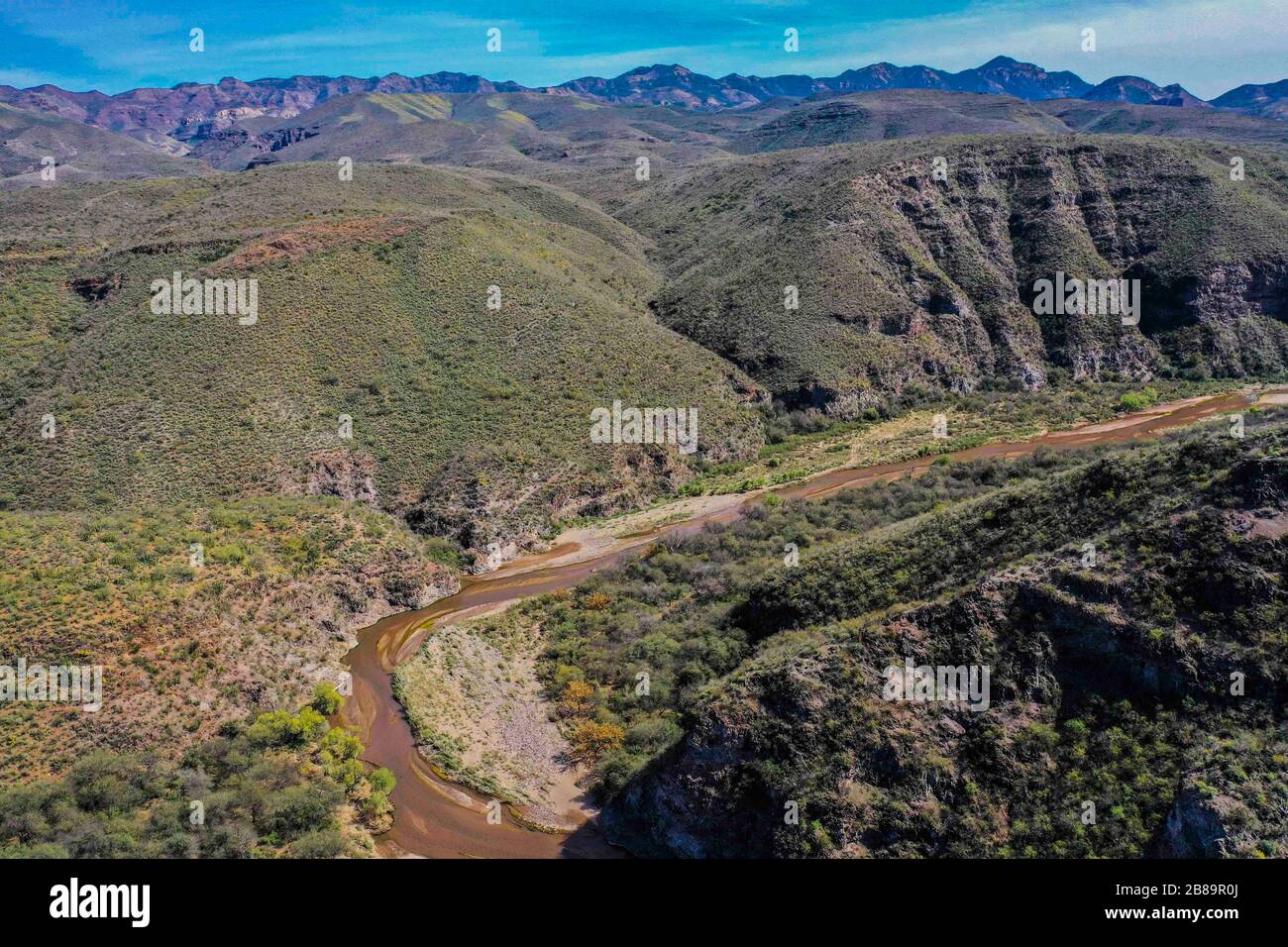 Aerial view of the Rio Sonora, landscape of mountains, canyons and ...