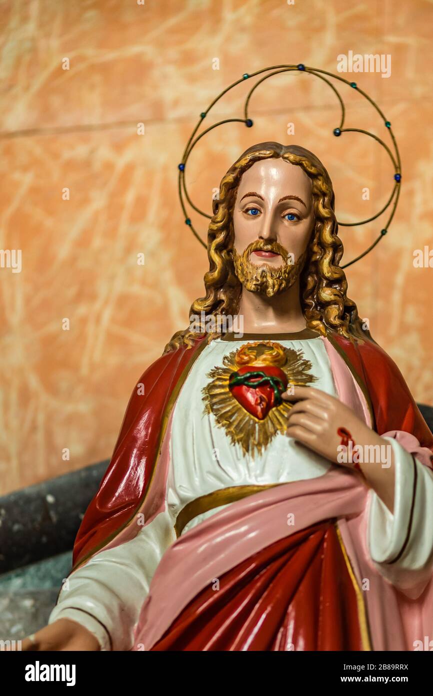 LUGO (RA) - JUNE 1, 2019: Jesus Christ pointing The Sacred Heart in the ...