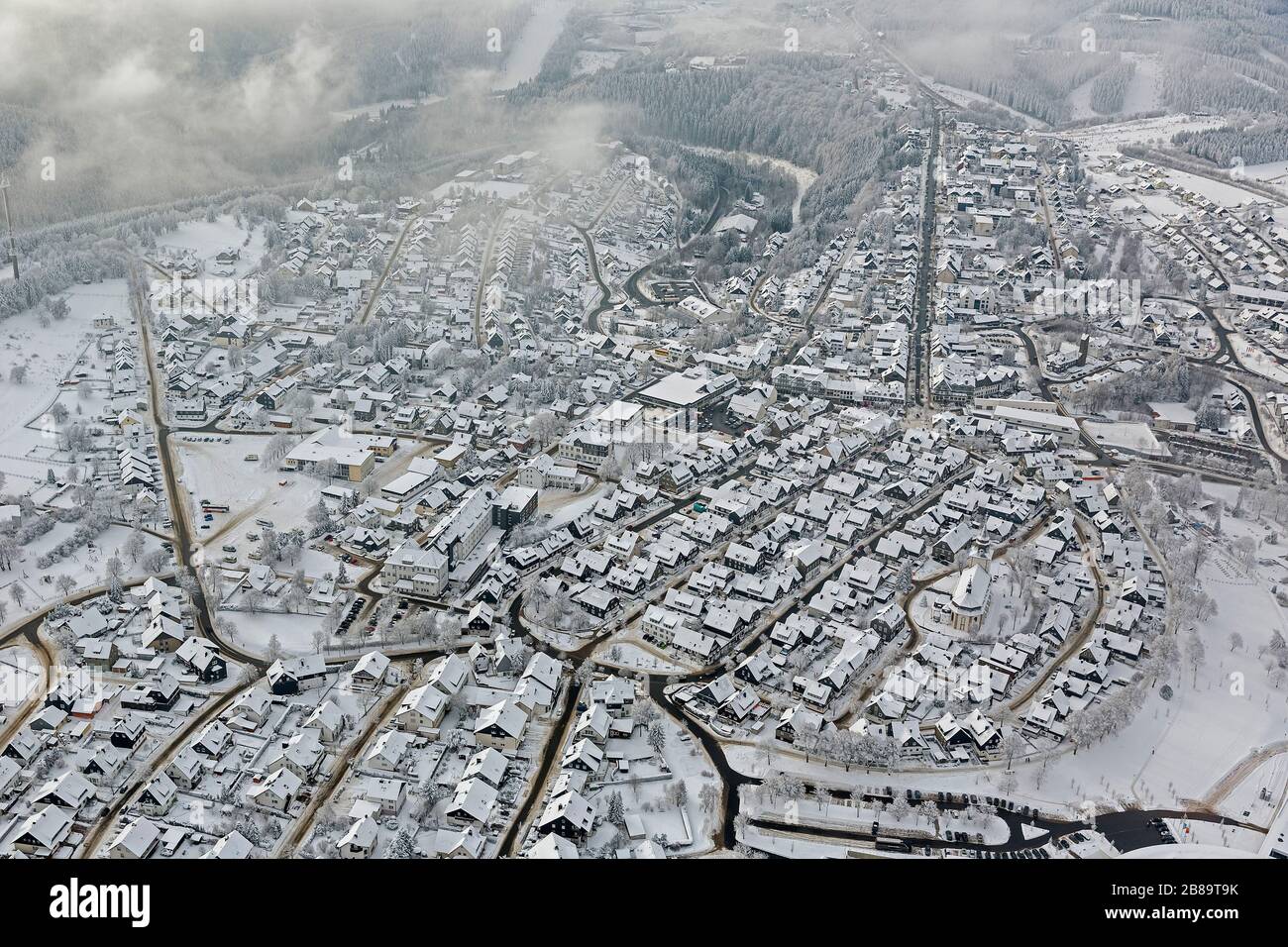 , city centre of Winterberg with church St. Jakobus, 26.01.2013, aerial ...