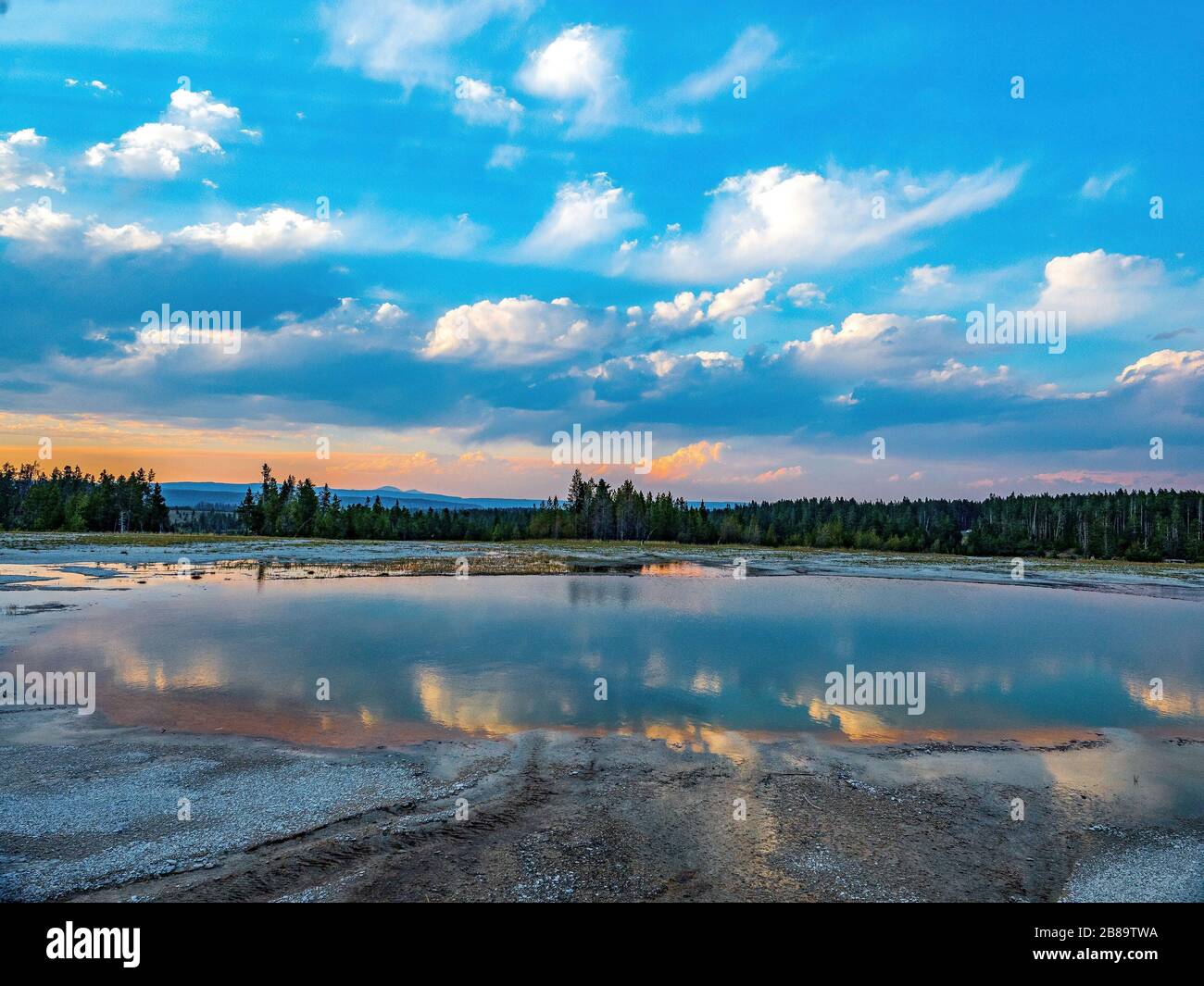 sunset at grand prismatic springs in Yellowstone National Park Stock ...