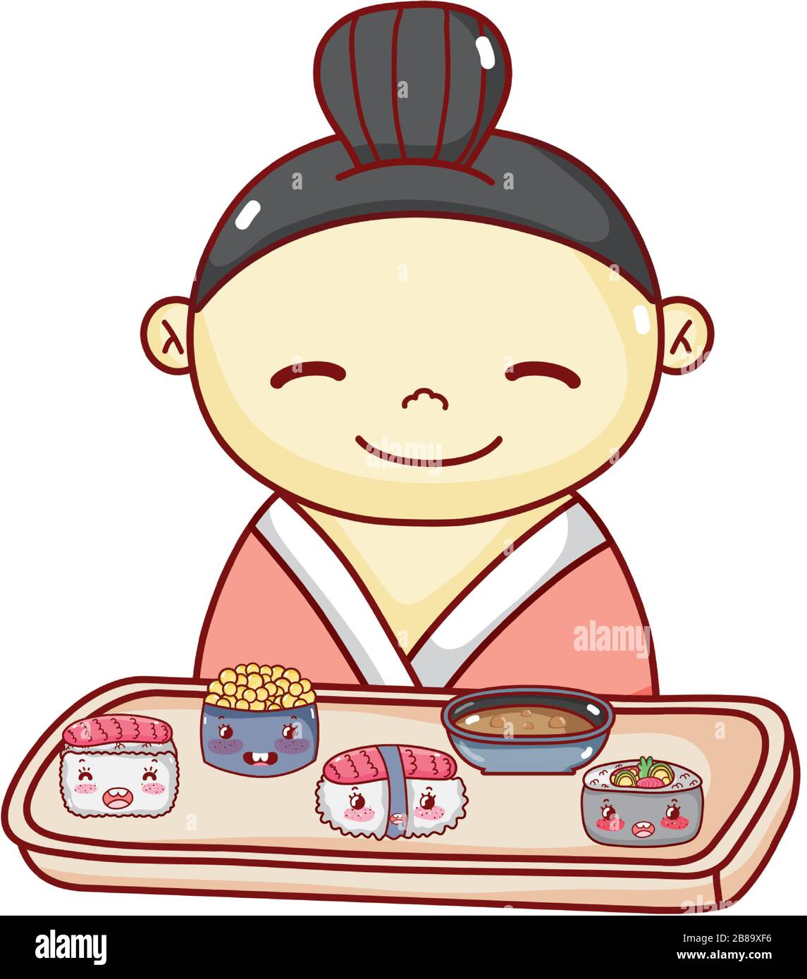 geisha with tray sushi soup rice food japanese cartoon vector ...