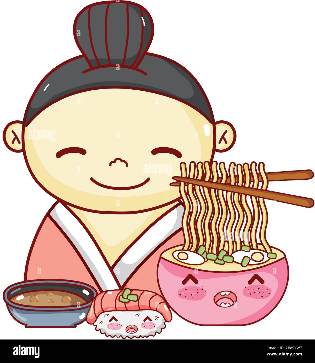 geisha with noodles soup sushi and sauce food japanese cartoon vector ...