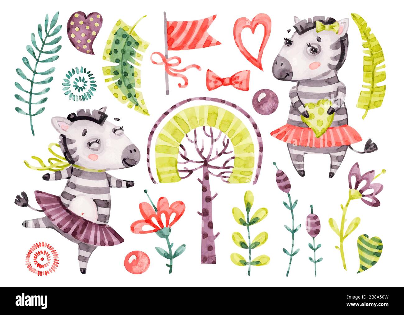 Baby cute zebra girl. Vector Watercolor nursery cartoon jungle animals ...